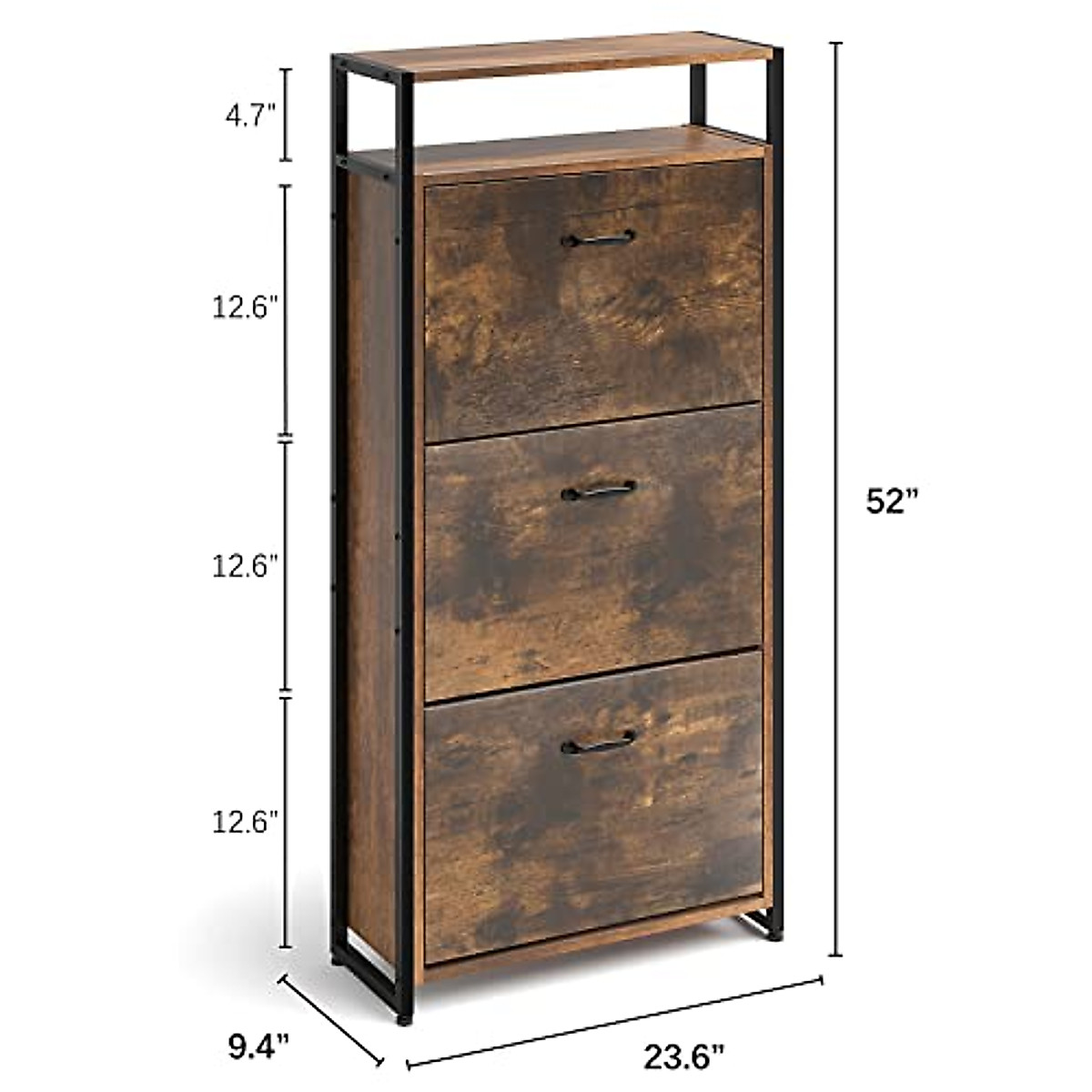 HAIOOU 3 Drawer Industrial Shoe Cabinet, Slim Freestanding Wood Shoe Rack Storage Organizer Stand with Flip Doors, Open Storage Shelf, Anti Toppling Device for 15-18 Pairs - Rustic Brown & Black
