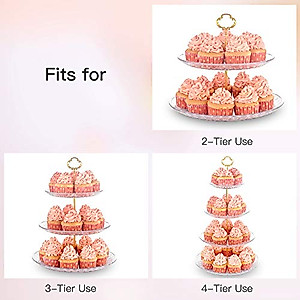 NWK 3/4-Tier Cupcake Stand with Crystal-Clear Plastic Plates and Metal Struts Dessert Stable Tower Display Rack Serving Tray for Wedding Birthday Bridal Shower Autumn NYE Tea Party (Gold)