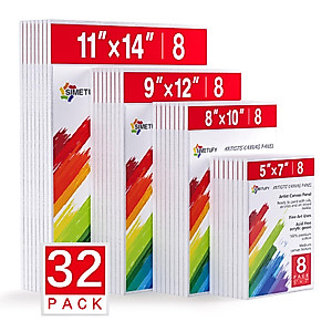 Simetufy Canvas Boards for Painting 32 Pack, Paint Canvas Panels Set - 5x7, 8x10, 9x12, 11x14 Inches, Pre-Primed 100% Cotton Blank Canvases for Oil Acrylic Watercolor Pouring Paint for Kids & Artists