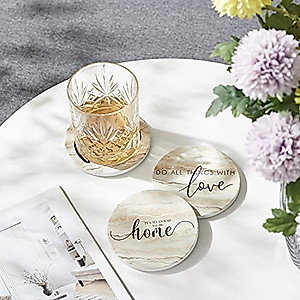 Hoomey Coasters for Drinks, Set of 6 Absorbent Drink Coasters with Holder, Rustic Ceramic Drink Coasters with Cork Backing for Table Protection, Housewarming Gifts, Farmhouse Décor