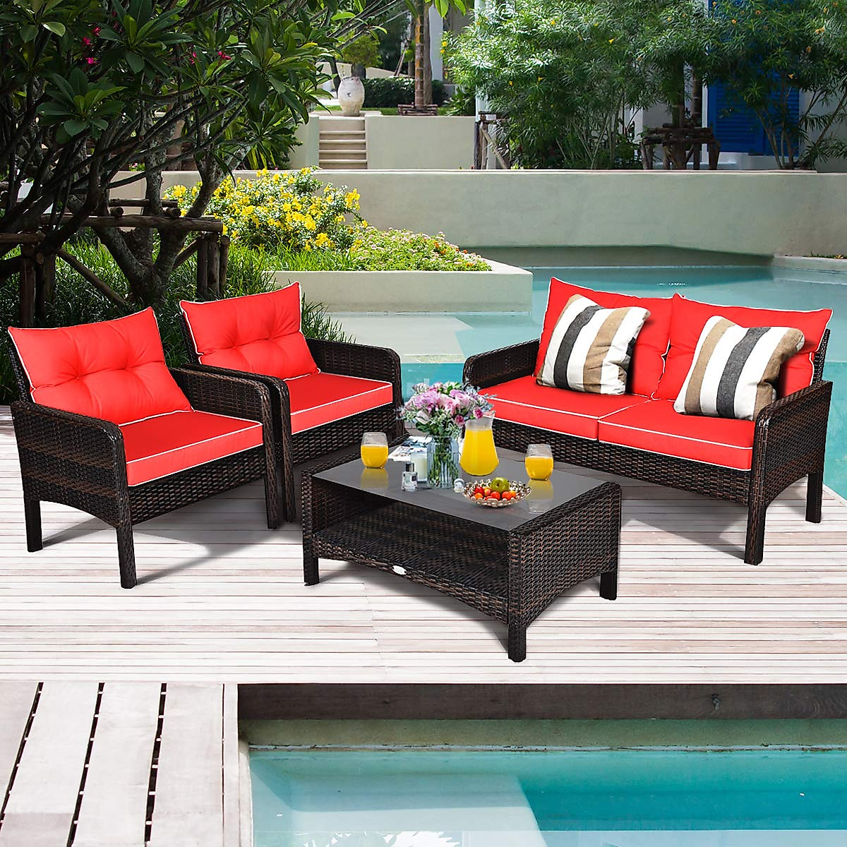 Tangkula 4 Piece Patio Furniture Set, Outdoor Wicker Conversation Set with Glass Top Coffee Table, All Weather Proof and Thick Cushions, Suitable for Porch, Garden, Poolside and Lawn (Red)