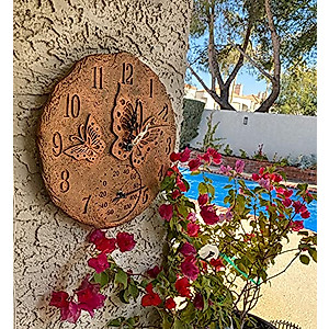 Lily's Home Hanging Wall Clock, Includes a Thermometer, Ideal for Indoor and Outdoor Use, Wonderful Housewarming Gift for Friends, or for Any Butterflies Lovers, Polyresin