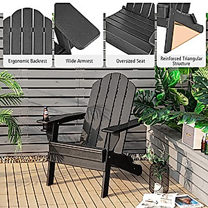 Giantex Adirondack Chair Outdoor Folding Chairs, HDPE Weather Resistant Patio Chair with Built-in Cup Holder Lawn Chair for Patio, Backyard, Balcony, Deck Outside Plastic Fire Pit Chair(1, Black)
