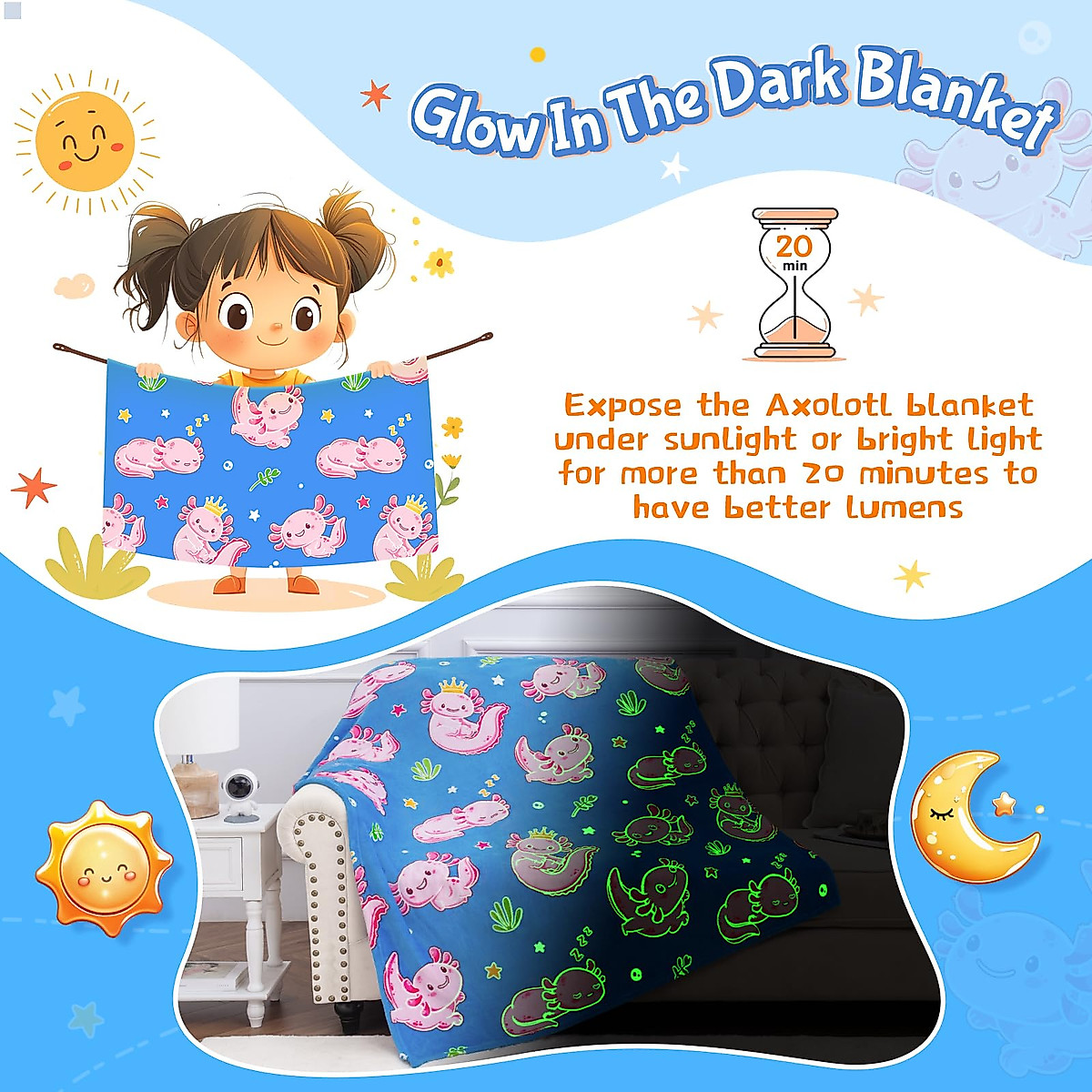 Glow in The Dark Axolotl Blankets,Throw Blanket Toys Gifts for 3 4 5 6 7 8 9 10 Years Old Kids Boys Girls,Soft Cute Glowing Blanket Present for Birthday Christmas Easter Valentines, 60"x50"