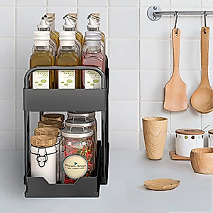 2 Tier Under Sink Organizers and Storage, 2 Pack Sliding Under Bathroom Cabinet Storage Drawer Organizer with Storage Drawer with 8 Hooks and 2 Hanging Cups, Multi-purpose Under Sink Organizer, Black