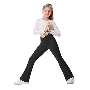 Ewedoos Girls Flare Leggings Crossover with Pocket Preppy Clothes Leggings for Girls Yoga Pants Dance Casual Uniform Black