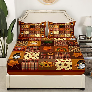 Fall Season Sheet Set Full Size for Boys Girls Autumn Harvest Decoration Bed Sheets Set, Thanksgiving Day Gifts for Kids Teens Women Geometry Plaid Print Flat Sheet Maple Leaves Rainbow Decor Bedding