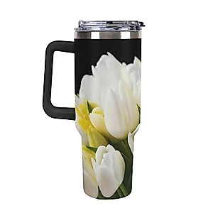 YTLKGFP 40 Oz Large Capacity Car Cup Different Flowers Tumbler with Handle (Black) Straw Lid Insulated Stainless Steel Water Bottle Travel Mug Leak-proof Car Cup Keeps Cold Or Hot