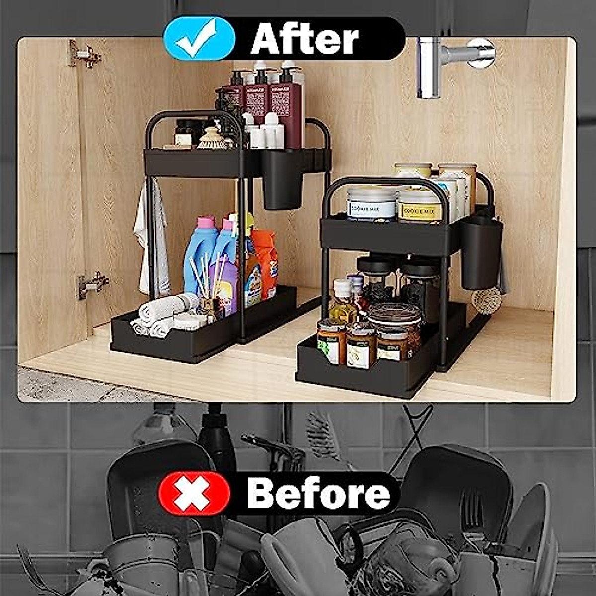 [2 Pack] Adjustable Height Under Sink Organizers and Storage, 2-Tier Cabinet Organizer With Hooks, Hanging Cup, Handles, Organization and Storage for Kitchen Sink Bathroom, Four gears height Fodayuse