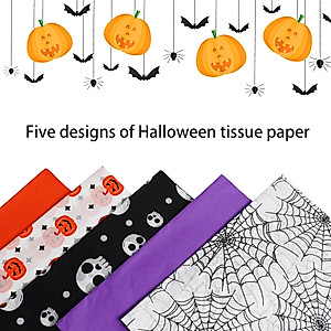 100 Sheets Halloween Tissue Paper for Gift Bags,14"X20" Orange Tissue Paper Purple Pumpkin Spider Various Designs for Halloween Paper Art Deco.