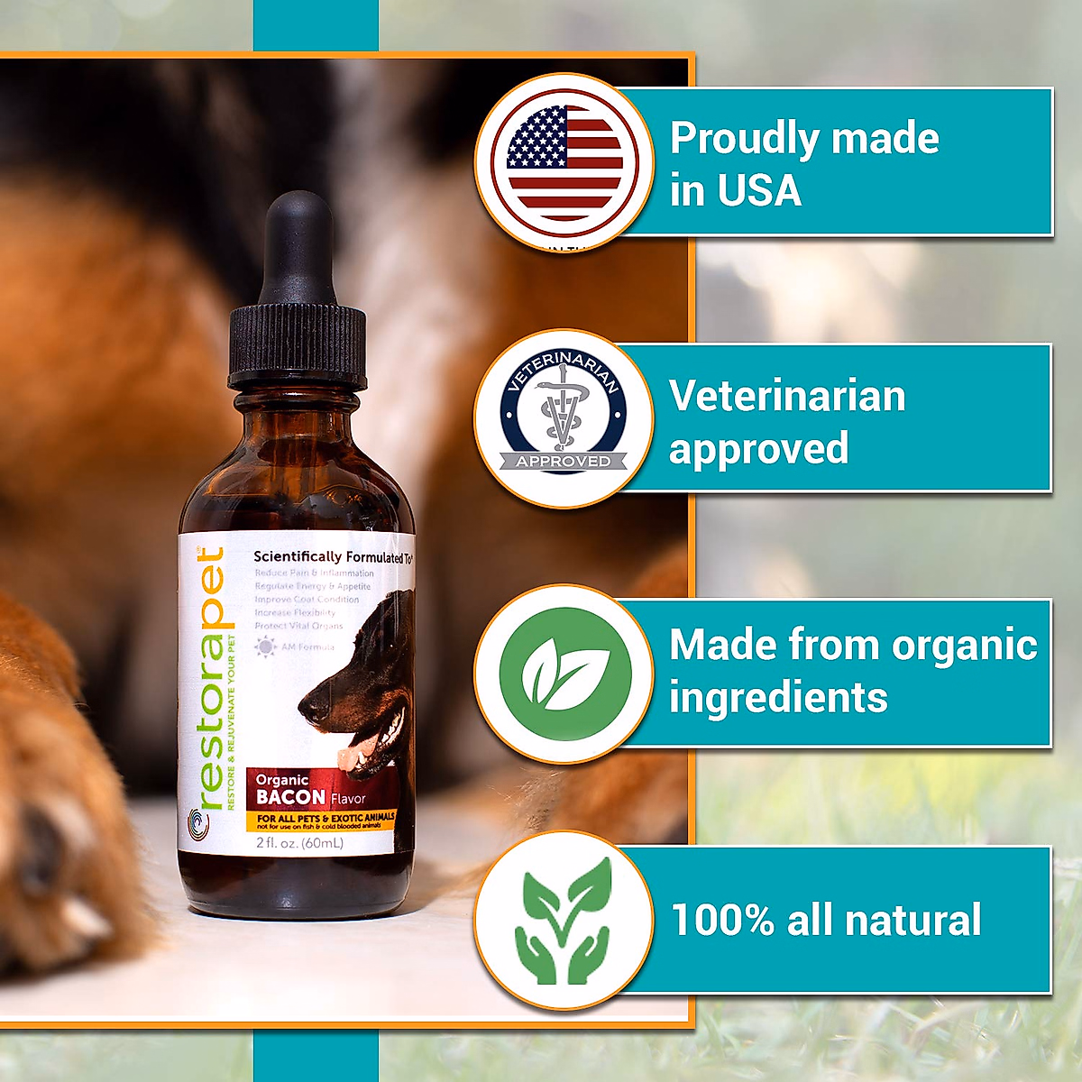 RestoraPet 4-Pack Dog & Cat Bacon Liquid Multivitamin | Dog Arthritis Pain Relief | Hip & Joint Vitamins for Dogs - Anti Inflammatory Supplement for Dogs & Cats | Organic & Non-GMO, Vet Approved