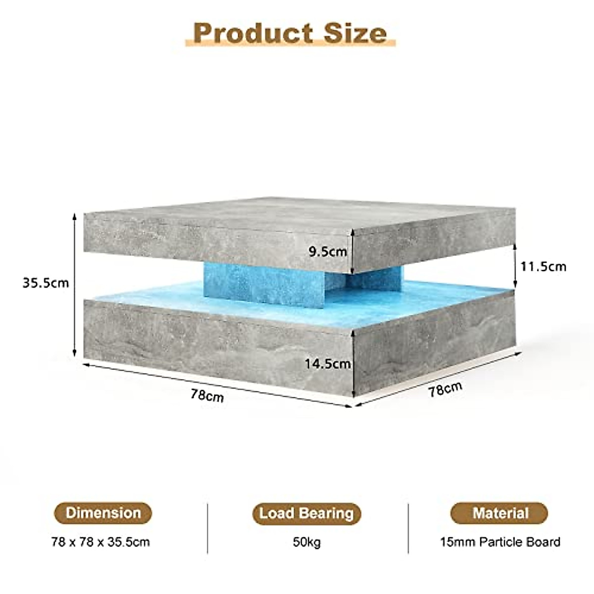 HedoAjim LED Coffee Table for Living Room, Living Room Table 2-Tier Square Middle Center Table, Modern Coffee Tables with Storage, Contemporary Wood Tea Tables for Dining Reception, Grey