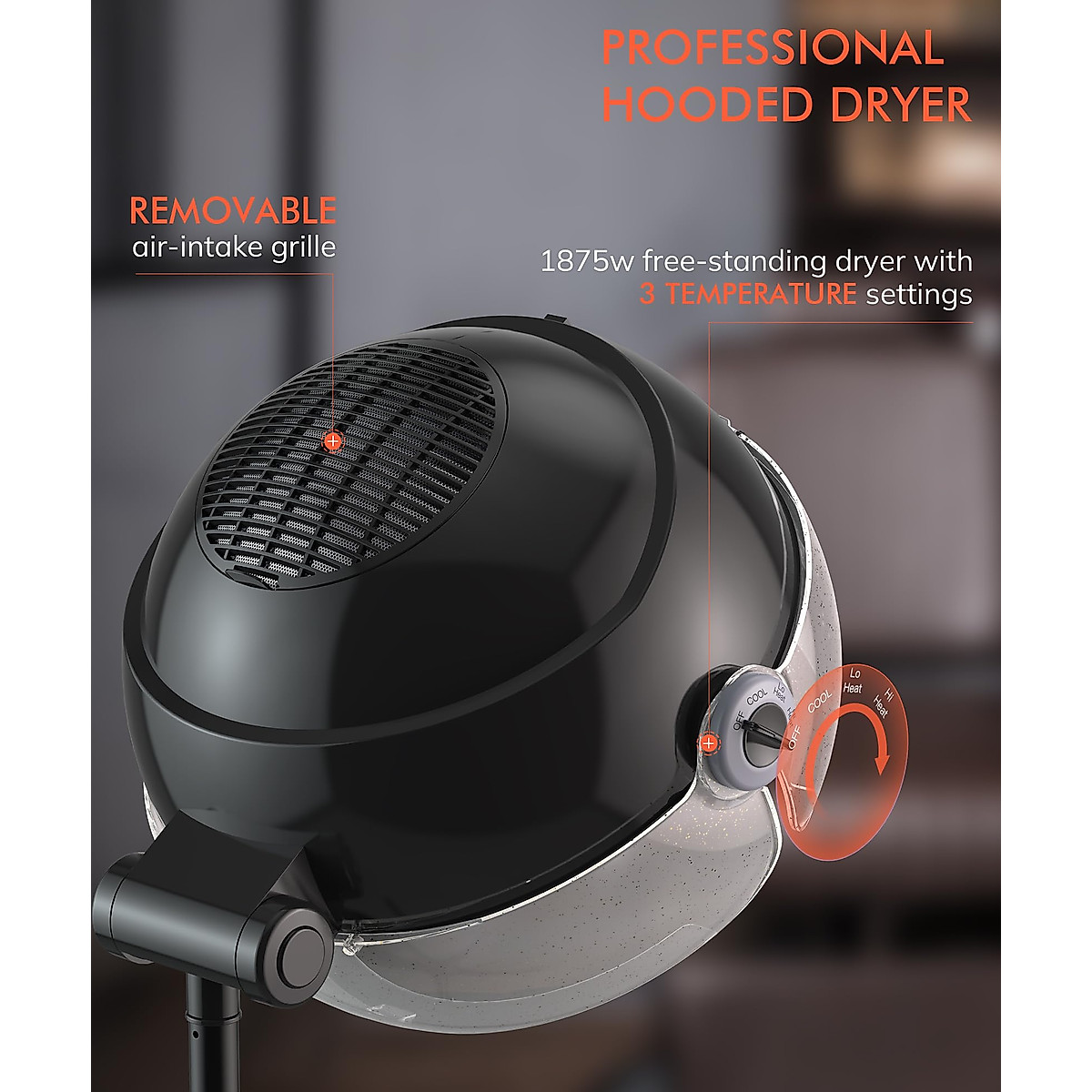 TASALON Ionic Hooded Hair Dryer - 1875W Bonnet Dryer with 3 Temperature Settings - Portable Standing Dryer for Home and Salon