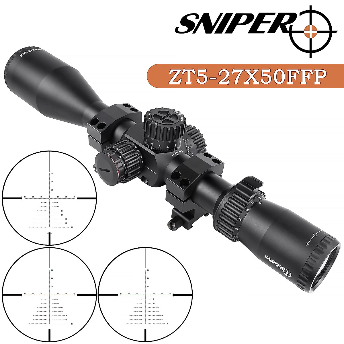 Sniper ZT5-27x50 FFP Scope Side Parallax Adjustment Glass Etched Reticle Red Green Illuminated with Scope Mount