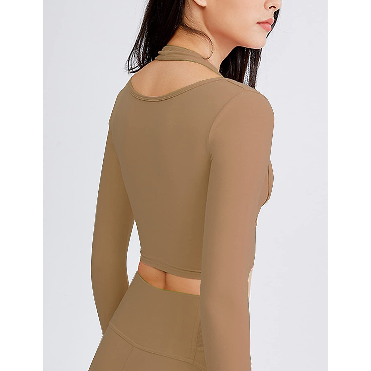 COZYPOIN Women Yoga Bra Long Sleeve Cropped Athletic Shirts Workout Tops Gym Cutout Sports Tees with Built(Coffee-S)