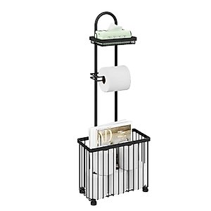 X-cosrack Freestanding Toilet Paper Holder Toilet Tissue Rack Scroll Stand Roll Dispenser with Storage Shelf Reserve for Phone Tablet Magazine Bathroom Organizer Bath Tissue Organizer (Black)