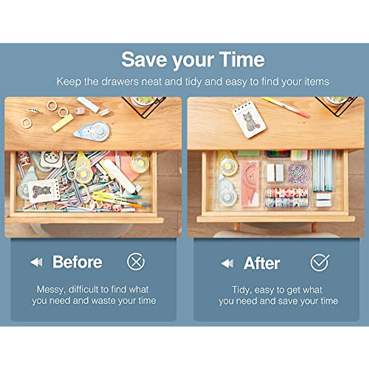 Puroma 18Pcs Drawer Organizer Set 4-size Versatile Vanity and Bathroom Drawer Organizers, Clear Plastic Desk Drawer Organizer Trays and Customize Layout Storage Bins for Makeup Kitchen Office (Clear)