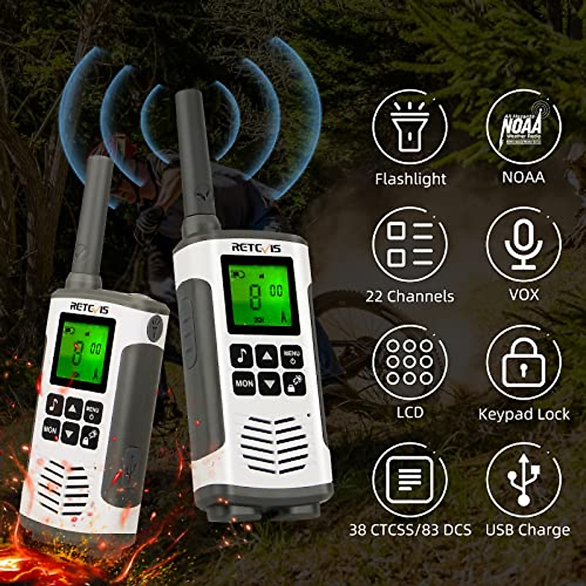 Retevis RT45 Walkie Talkies for Adults,Rechargeable 2 Way Radios Long Range, NOAA,Flashlight,VOX,SOS,Portable FRS Two-Way Radios with AA NIMH Battery USB Charger for Camping Hiking(2 Pack)