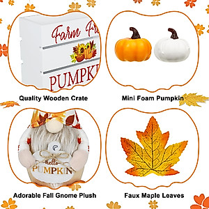 Fall Decorations for Home Indoor, Fall Thanksgiving Table Decor - Wooden Crate with 1 Fall Gnome Plush, 4 Mini Foam Pumpkins & 6 Fall Leaves, Farmhouse Fall Kitchen Tiered Tray Decor Mantle Shelf Desk