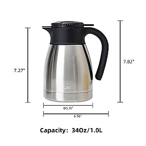 GiNT 34Oz Thermal Coffee Carafe, Insulated Stainless Steel Coffee Carafes for Keeping Hot/Double Walled Vacuum Coffee Carafe (Silver, 1L)