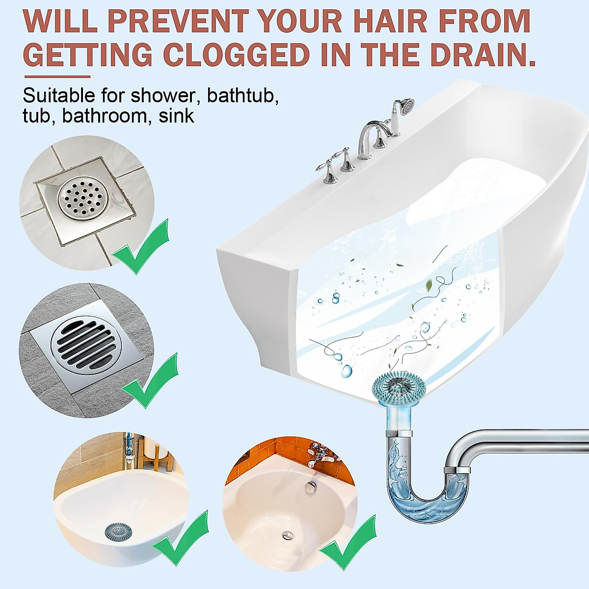 Hair Catcher Shower Drain Covers Protector Durable Silicone Bathtub Hair Stopper Easy to Install and Clean Suit for Bathroom Tub Shower and Sink, 5 Pack