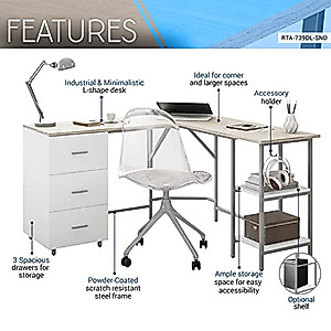 Techni Mobili L Shaped Desk - Two-Toned Computer Desk with Drawers & Storage Shelves - Simple Modern Furniture & Home Office Space Corner Table for Work & Writing
