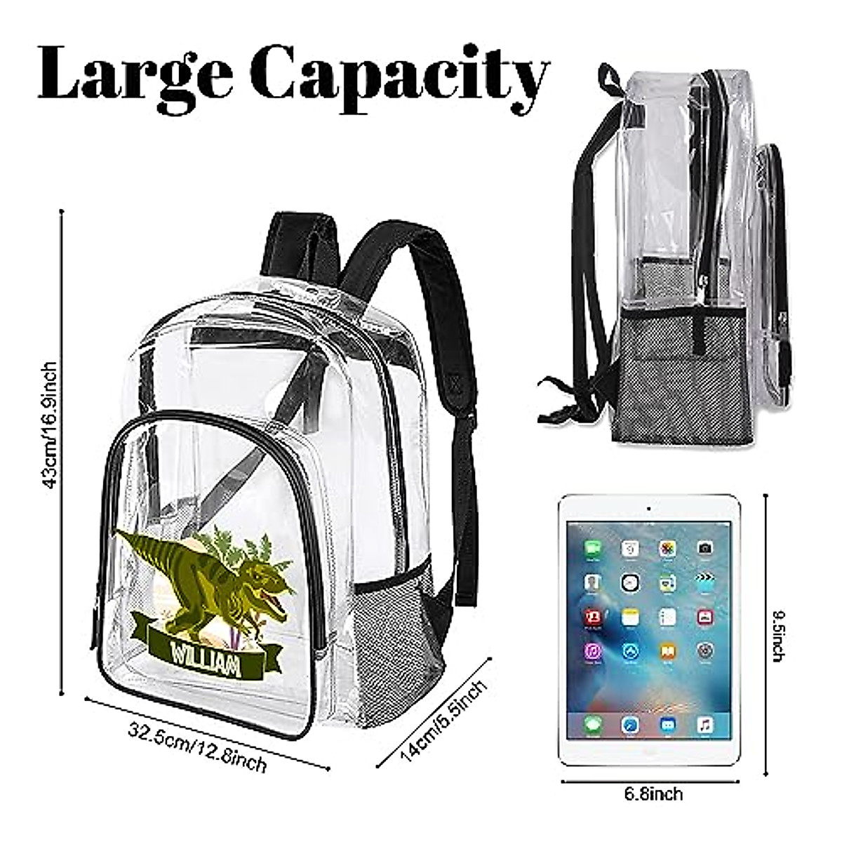 J&SBGFT Personalized Clear Backpack for Boys,Custom Dinosaur Clear Backpacks with Name,Transparent Backpack with Reinforced Strap,See Through Book Bag,Waterproof Heavy Clear Book Bag for School
