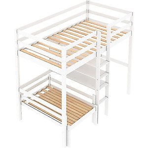 MERITLINE Twin Loft Bed with Desk,Wooden Twin Bunk Bed with Desk and Bookshelf,Convertible Loft Bed for Kids Girls Boys Teens Bedroom, No Box Spring Needed, White
