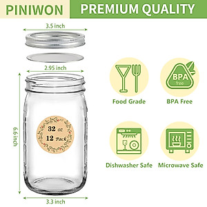 PINIWON Wide Mouth Mason Jars 32 oz with Airtight Lids and Bands, 12 Pack Quart Canning Jars, Clear Glass Mason Jars for Canning, Pickling, Preserving, Meal Prep, DIY Projects