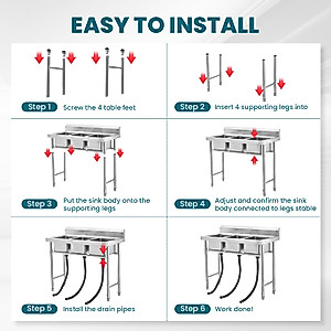 Loccdaok 3 Compartment Utility Sink Stainless Steel Commercial Kitchen Sink Free Standing Triple Bowl Laundry Room Outdoor Garage Sink for Restaurant, Kitchen, Bar, 39" x 20" Triple Bowl