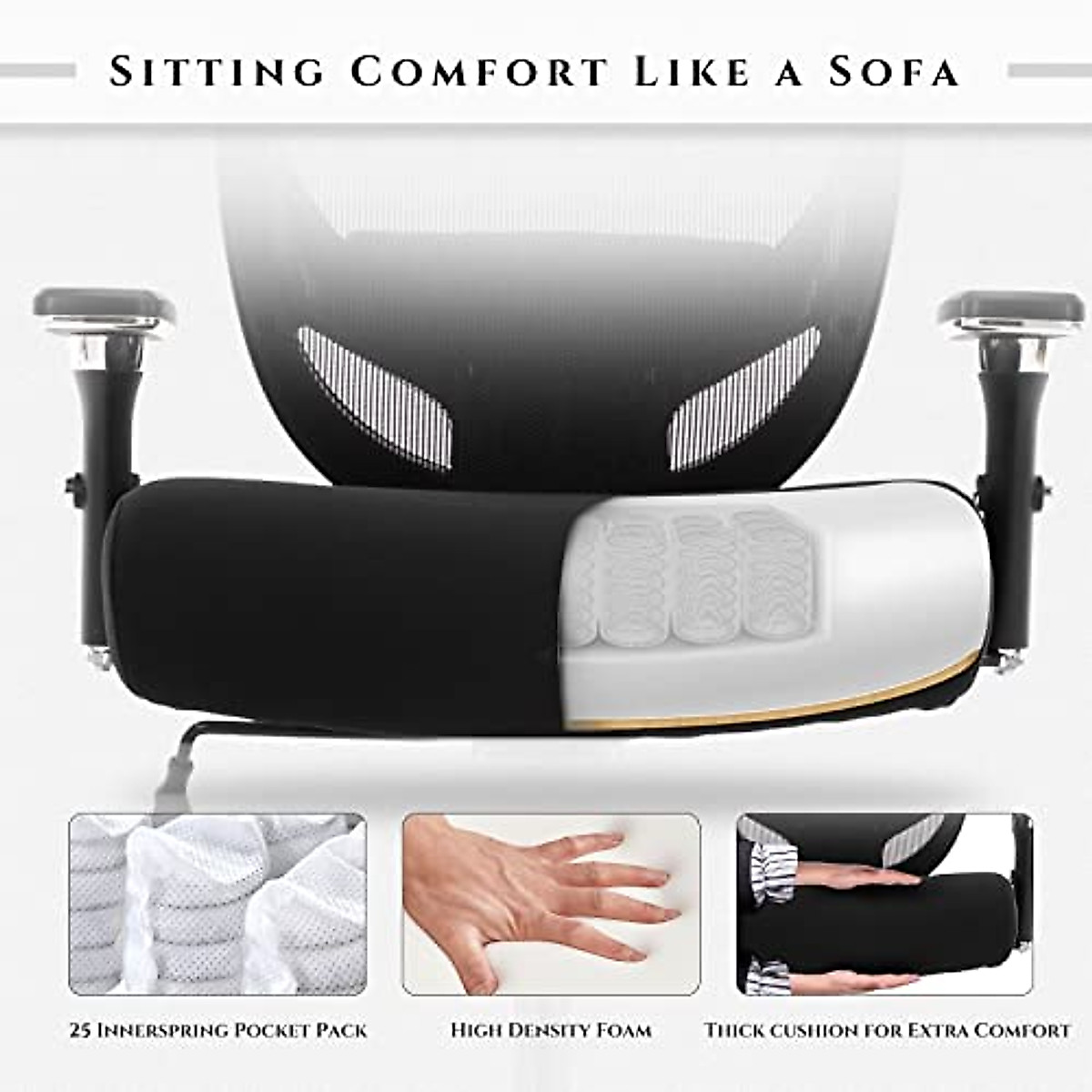 Big and Tall Office Chair 500lbs, Heavy Duty Ergonomic Mesh Chair, Computer Executive Desk Chair with Wide Thick Seat, 4D Armrests, Adjustable Lumbar Support and Tilt-Black