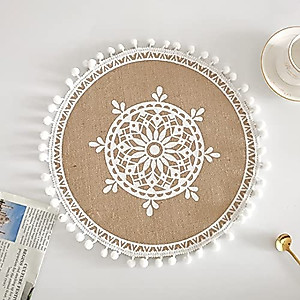 2 Pcs Boho Round Place Mats with Pompom Woven Jute Placemats Rustic Macrame Coasters for Dining Room Kitchen Table Decor Style 6
