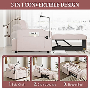 DAMAIFROM Convertible Sleeper Sofa Chair Bed with USB Port & Cup/Phone Holder, 3 in 1 Couch with Pollout Bed, Velvet Couch Chair Chaise Lounge for Living Room, Apartment, RV, Small Room - Pink