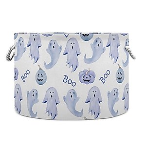 Krafig Watercolor Halloween Blue Ghosts Round Collapsible Storage Basket, Large Toy Storage, Laundry Baskets, Open Home Storage Bins for Toy Organizer, Home Decor, Clothes, Toys