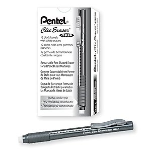 Pentel Clic Eraser Grip, Retractable Eraser, Black Barrel, Box of 12 (ZE22A)