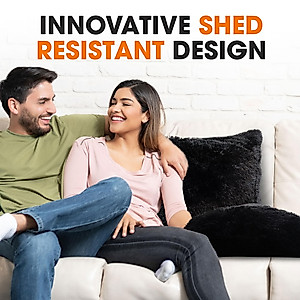 Cheer Collection Throw Pillows for Couch and Bed, Soft Shaggy Throw Pillows with Inserts Included, Cozy Long Hair Faux Fur Pillows - Set of 2-18" x 18" - Black