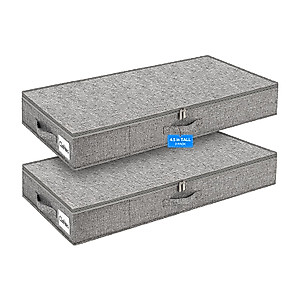 punemi Under Bed Storage Containers, 2 Pack 4.5 Inch Tall Low Profile Underbed Clothes Storage Organizer Bin with Sturdy Side & Bottom Support, Use as Clothes Organizer, Pillow and Blanket Organizer