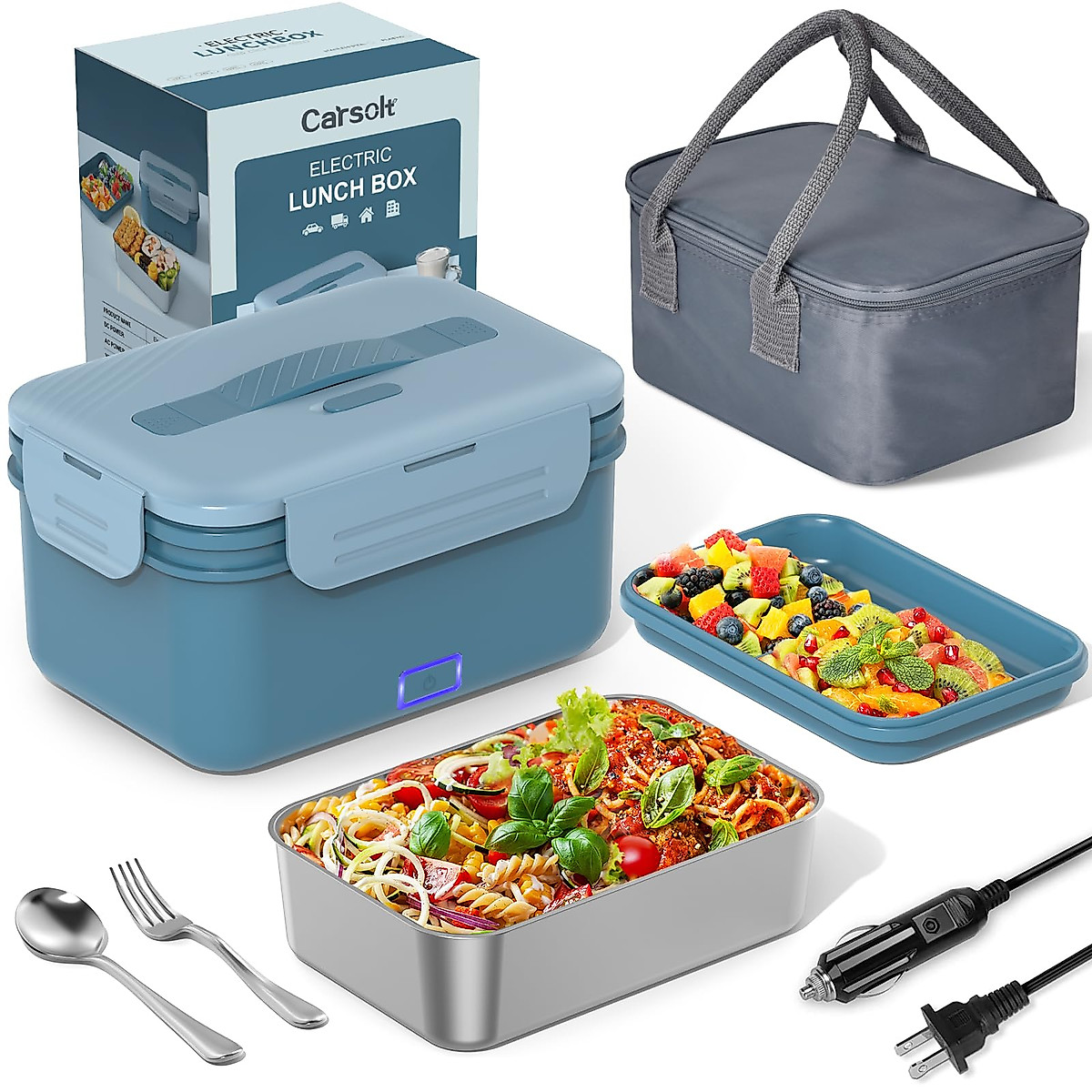 Carsolt Electric Lunch Box Food Heater Upgrade 3 in 1 Portable Food Warmer 60-100W Leakproof Heated Lunch Box for Adults Car/Truck/Office with 1.8L SS Container Fork Spoon Carry Bag, 12V/24V/110V