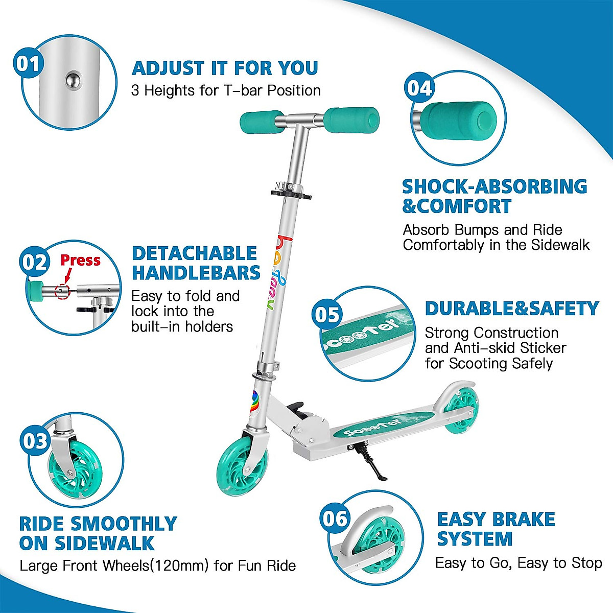 BELEEV V1 Scooters for Kids, 2 Wheel Folding Kick Scooter for Girls Boys, 3 Adjustable Height, Light Up Wheels, Lightweight Push Scooter with Kickstand for Children Ages 3-12 (Aqua)