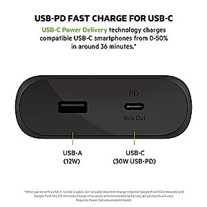 Belkin BoostCharge USB-C PD 20k mAh Power Bank, Portable iPhone Charger, Battery Charger for Apple iPhone, iPad Pro, Samsung Galaxy, & More with USB-C Cable Included - Black