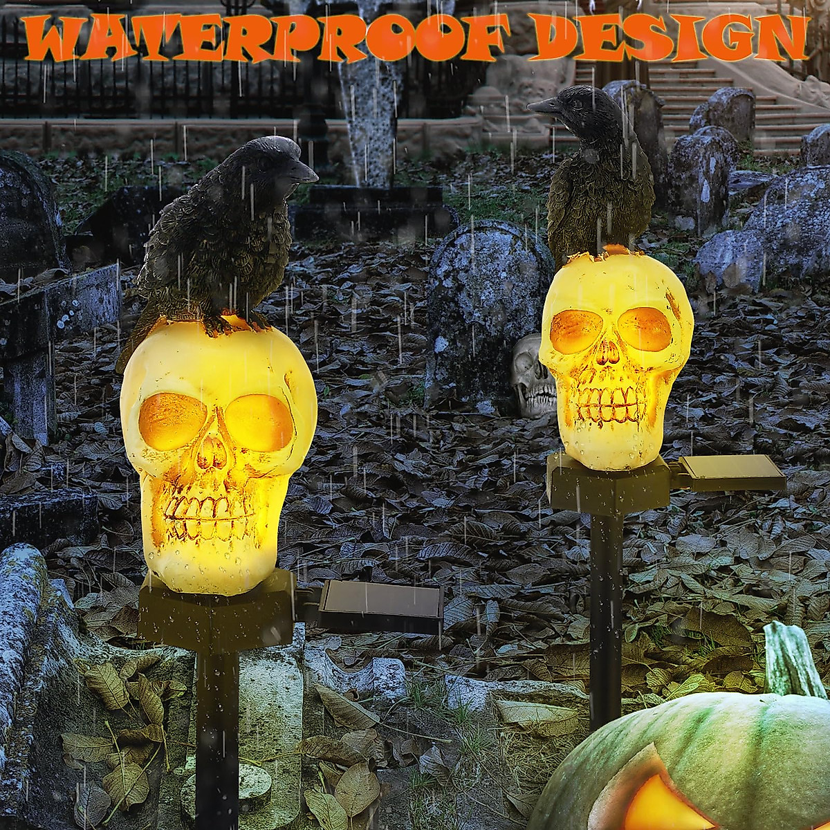 Retisee 2 Pcs Skull Halloween Lights Crow on Skull Solar Pathway Lights Outdoor Decorations Waterproof Scary Skeleton LED Lights for Patio Lawn Yard Garden Home,2 Styles