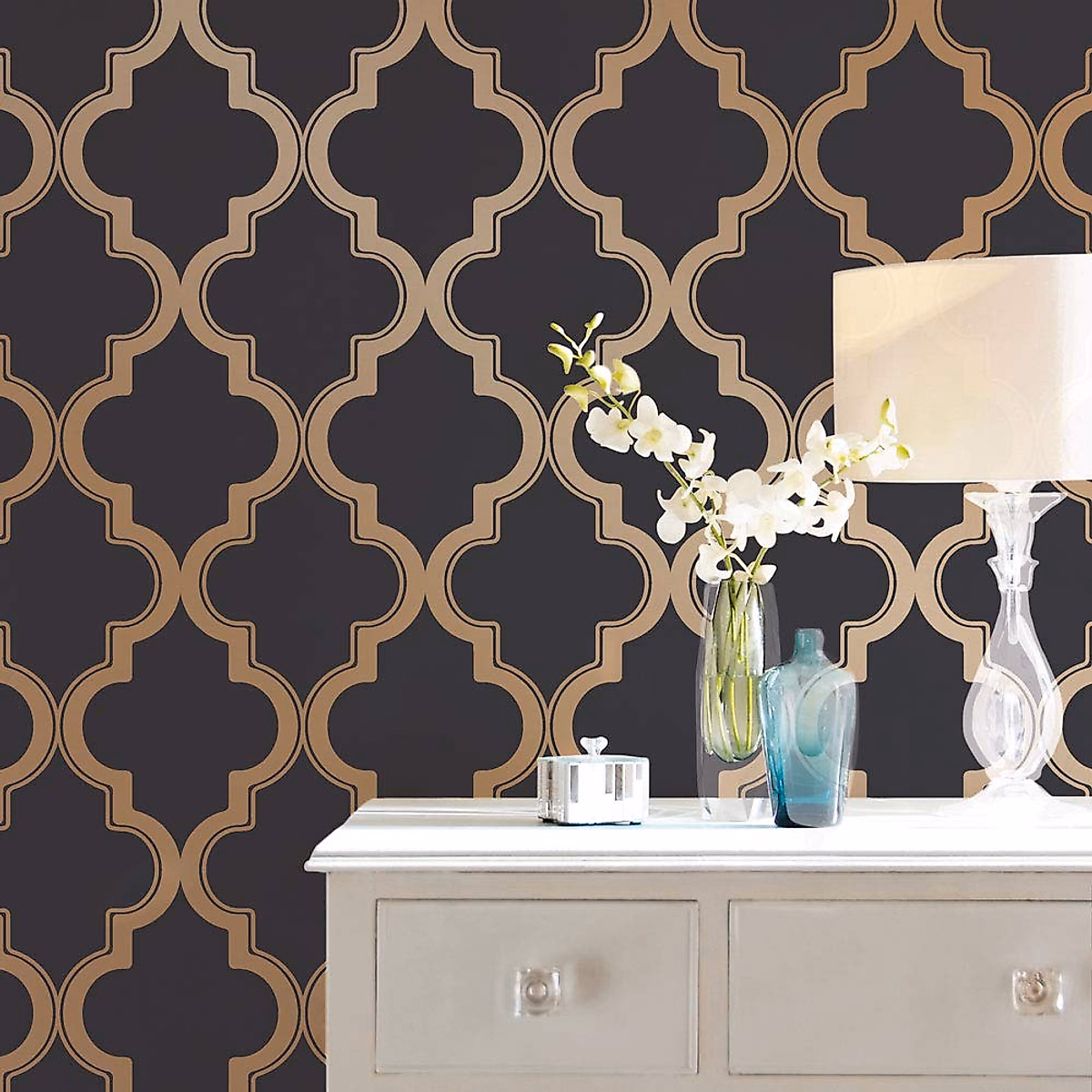Tempaper Midnight & Metallic Gold Marrakesh Removable Peel and Stick Wallpaper, 20.5 in X 16.5 ft, Made in the USA
