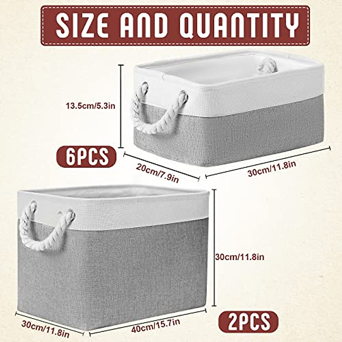 8 Pack Fabric Storage Baskets for Shelves Collapsible Storage Bins Decorative Baskets Empty Gift Foldable Cloth Baskets with Handles for Organizing Home Closet Towels Clothes, 2 Sizes (White, Gray)