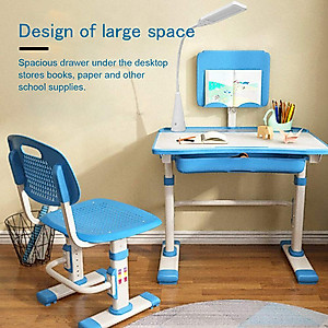 Yinleader Kids Desk and Chair Set,Height Adjustable,Spacious Storage Drawer,with Adjustable Tilted Desktop, Bookstand, Touch Led Lamp for School Student (Blue Set)