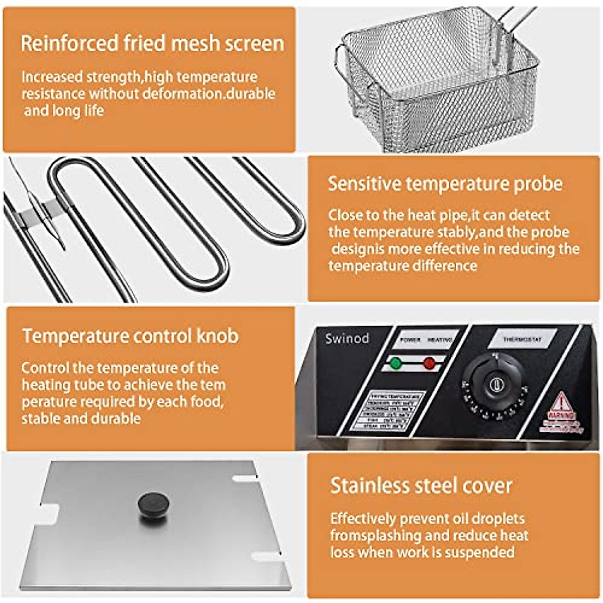 Swinod Deep Fryer with Basket and Lid Capacity 6L Stainless Steel Single Tank Countertop Fryer for Home and Commercial