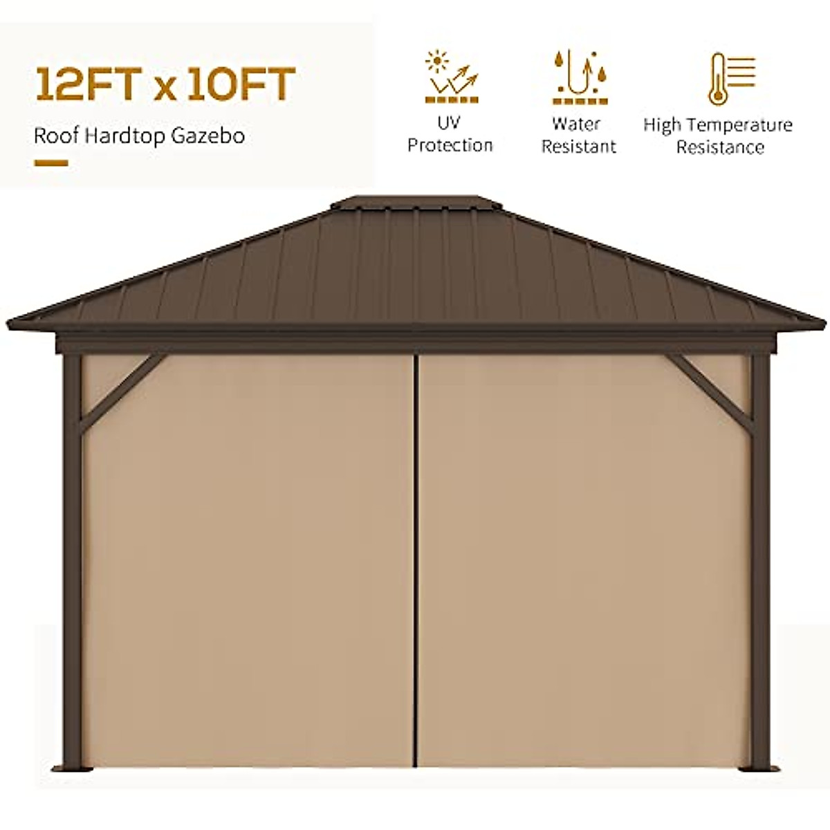 Outsunny 10' x 12' Hardtop Gazebo Canopy with Galvanized Steel Roof, Aluminum Frame, Permanent Pavilion with Top Hook, Netting and Curtains for Patio, Garden, Backyard, Deck, Lawn, Brown