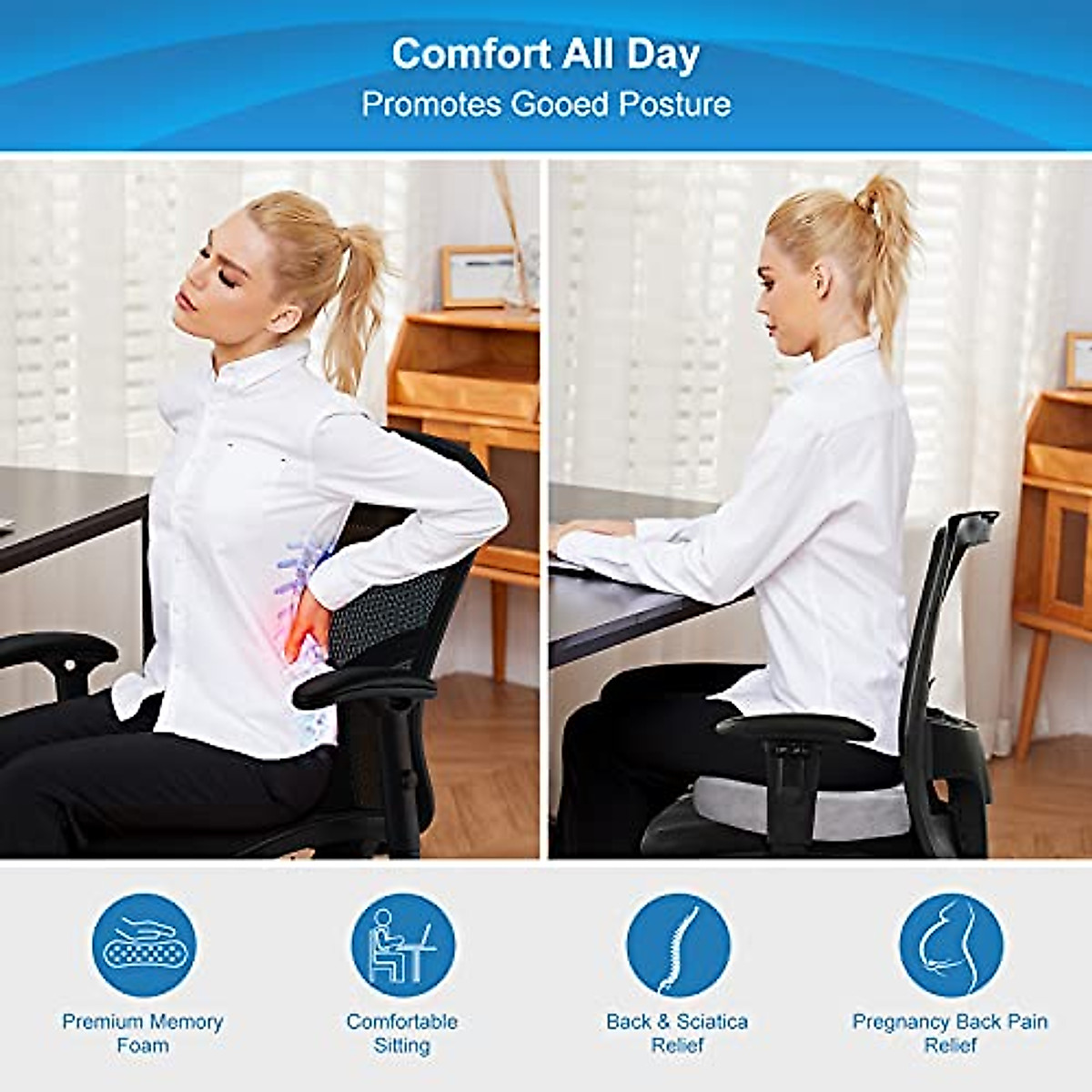 Bomdaia Seat Cushion for Office Chair, Memory Foam Coccyx Seat Cushion, Desk Chair Car Seat Cushion for Tailbone, Sciatica, Lower Back Pain Relief (Gray)