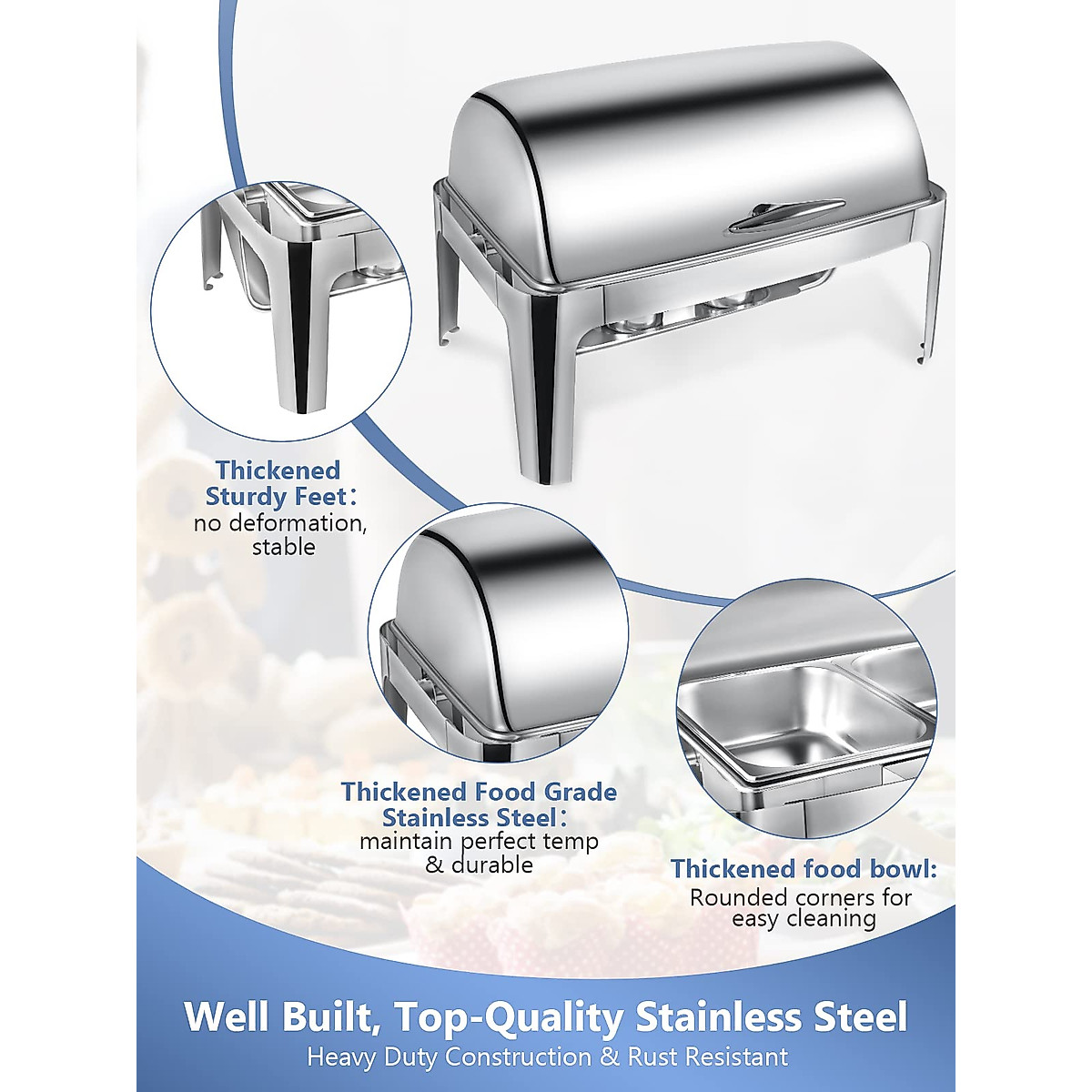 Granvell Rectangular Roll Top Chafing Dish Buffet Set, Catering Food Warmer for Parties, Wedding, Birthday, Christmas, 1 Full Size & 2 Half-Size Chafing Server Dish, 14QT Water Pan