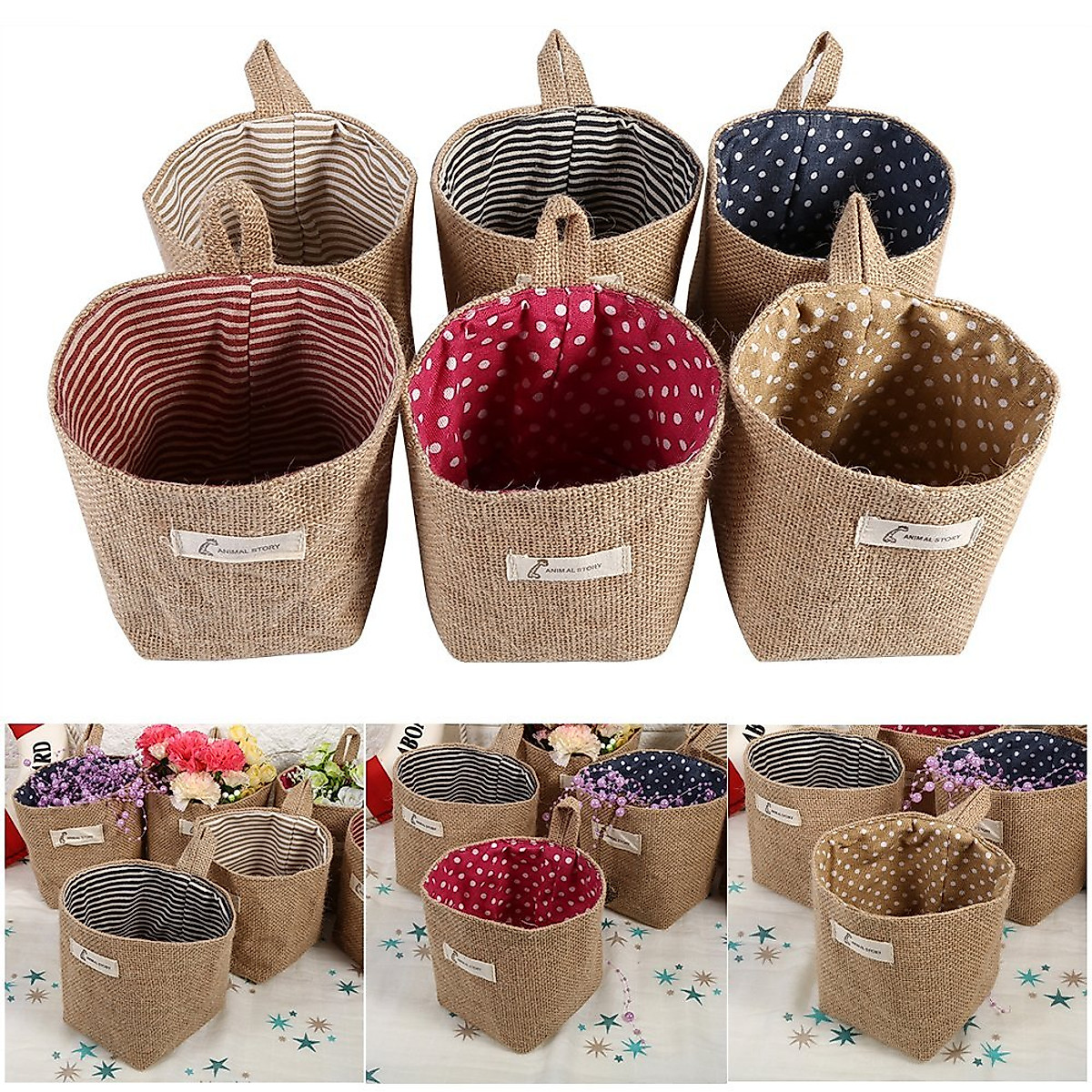 2Pack Cotton Linen Storage Basket Wall Door Hanging Storage Bag Clothes Bag Home Gadget Storage Organizer Foldable Basket Bin (Blue Dot)