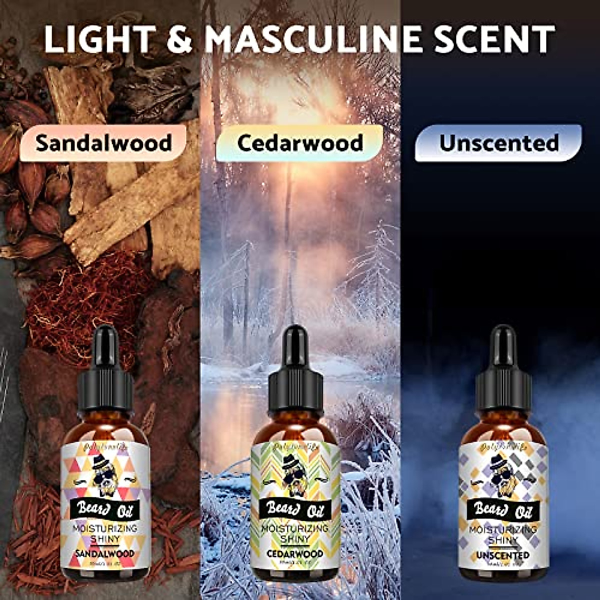 Polytonelife Beard Oil Set for Men, 3 Pack Natural Sandalwood, Unscented, Cedarwood Secnt, Ideal Gifts for Husband Boyfriend Dad